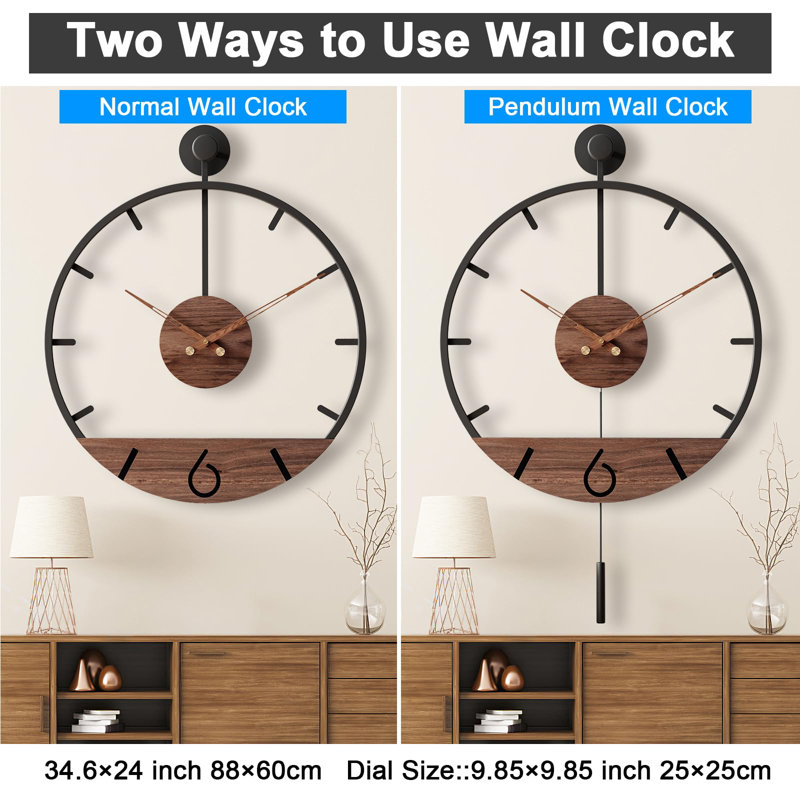 ColorLife Large Modern Decorative Pendulum Wall Clock,Big Metal Farmhouse Oversized Silent Wall ...